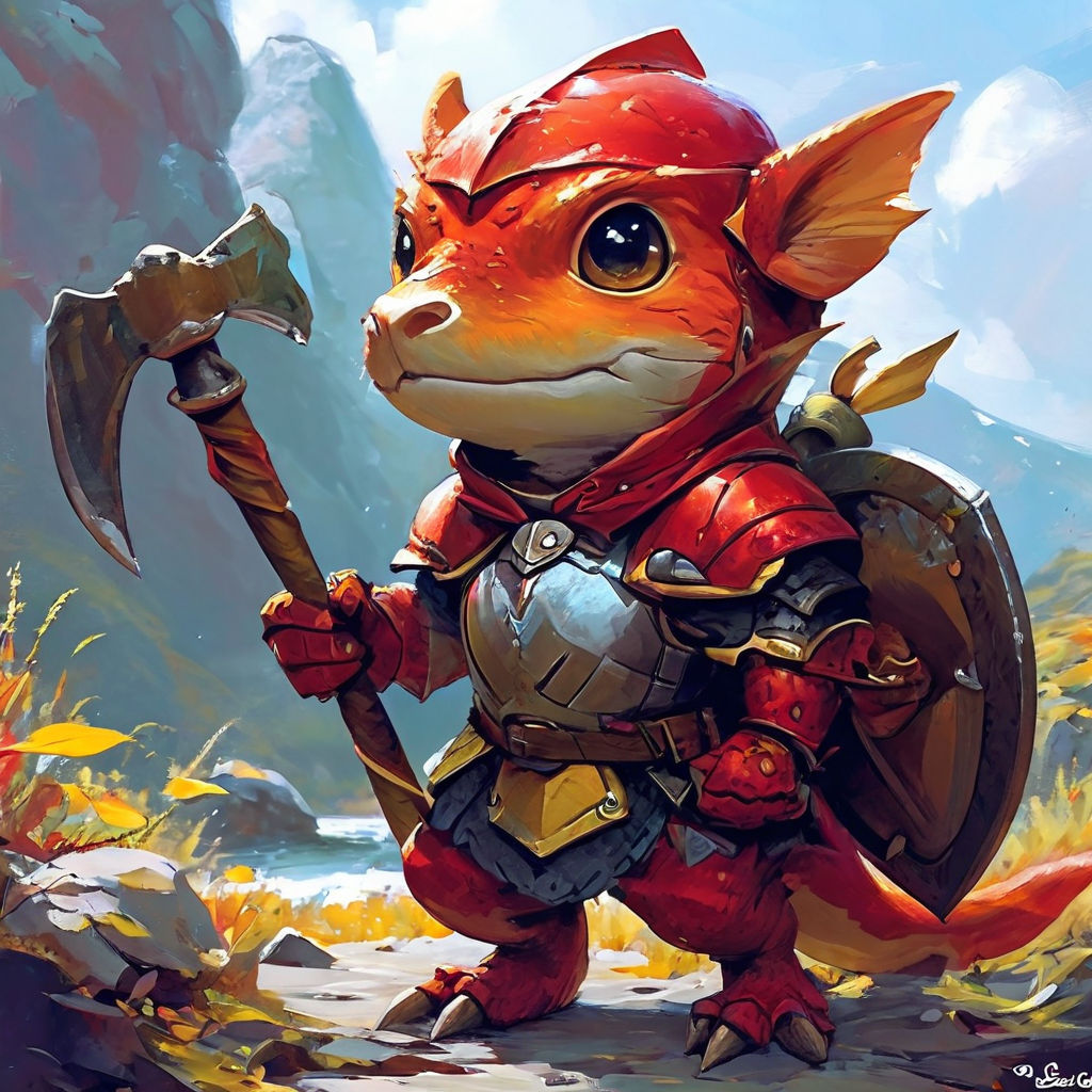 Cute Red kobold with yellow eyes in Heavy-armor with a Battl... by ...