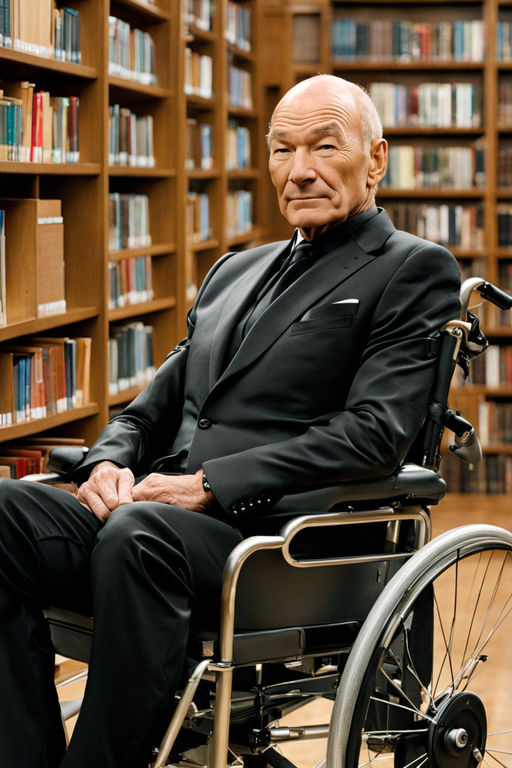 Bald Patrick Stewart in a wheelchair in the library with his... by Robo ...