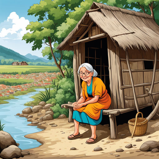 Old lady in village hut near river cartoon by Jaspal S - Playground