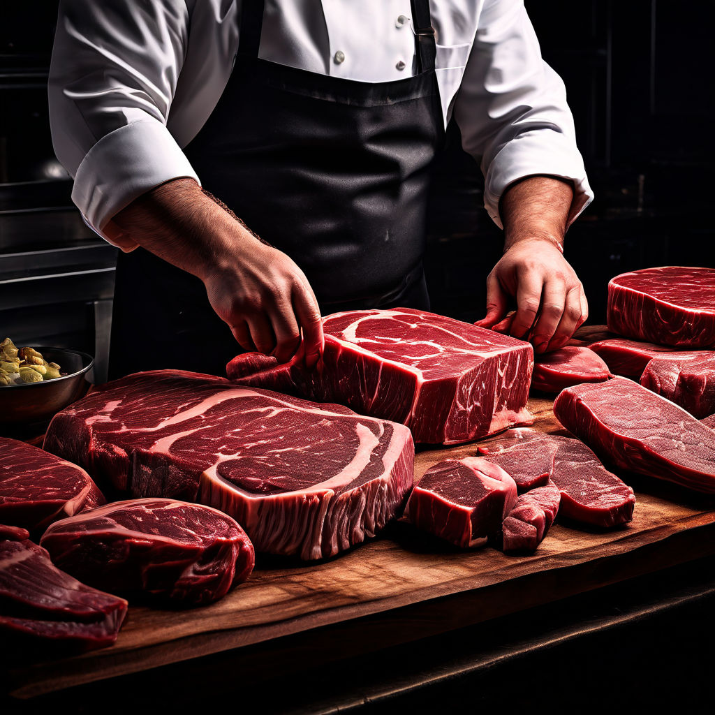 Please create an image of a butcher cutting meat for packagi... by Só ...