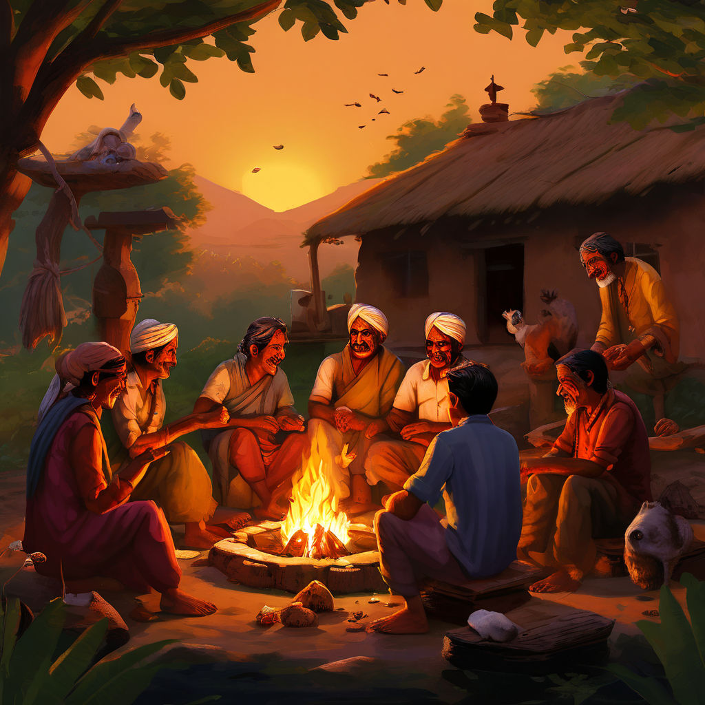 A nostalgic illustration of villagers sitting around a bonfi... by VK ...