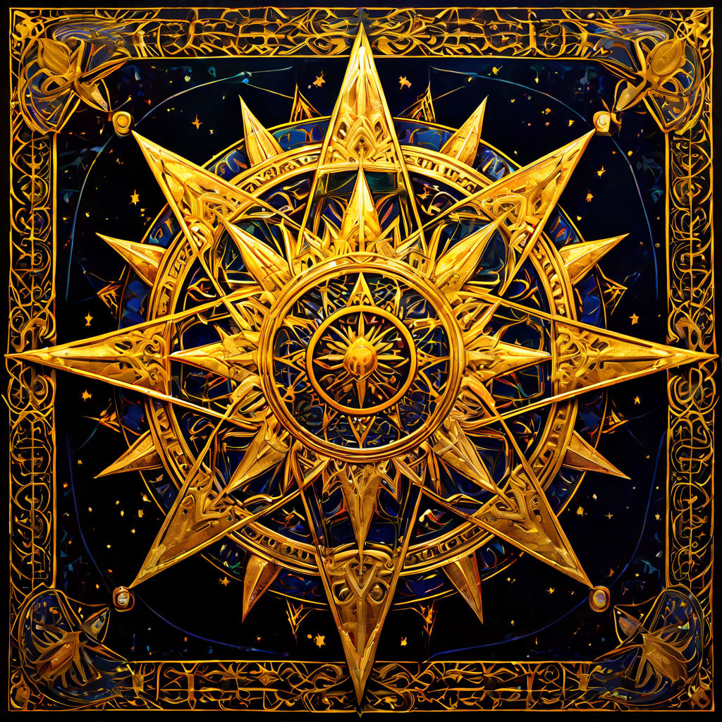 A golden octagram (eight pointed star) with a symbol for the... by ...