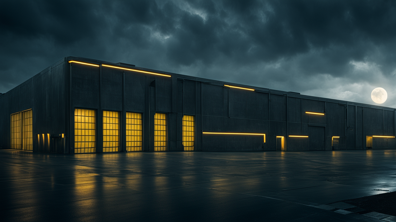 Dark and moody scene. Exterior of a Futuristic sci-fi wareho... by ...