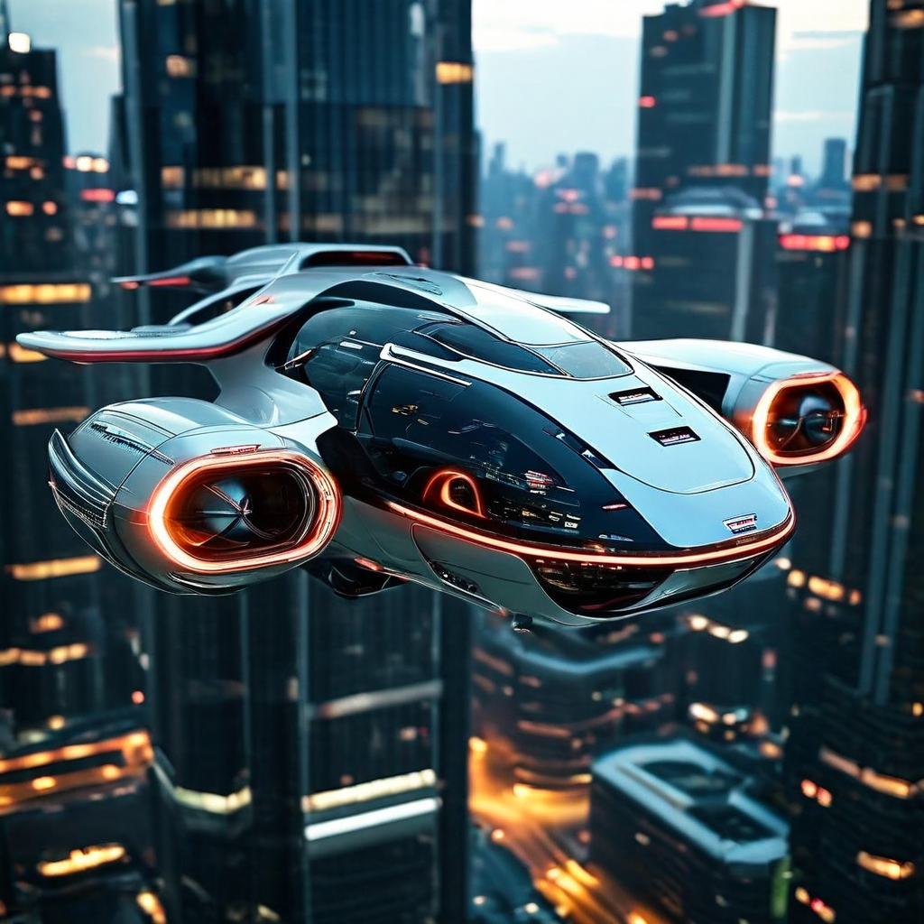 Photo of future flying car in skyscrapers by AI plane - Playground