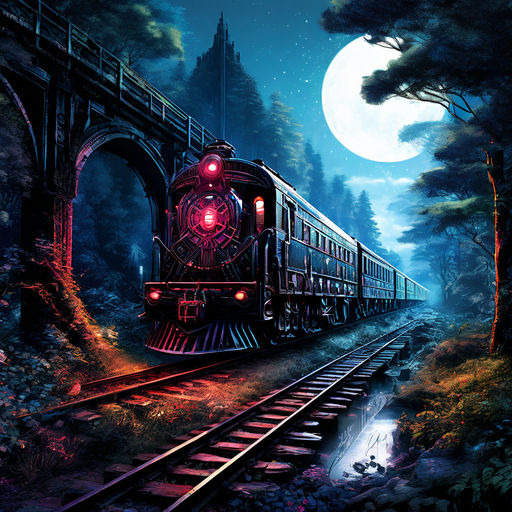 Fully realistic scene of a gothic train crossing a bridge in... by ...