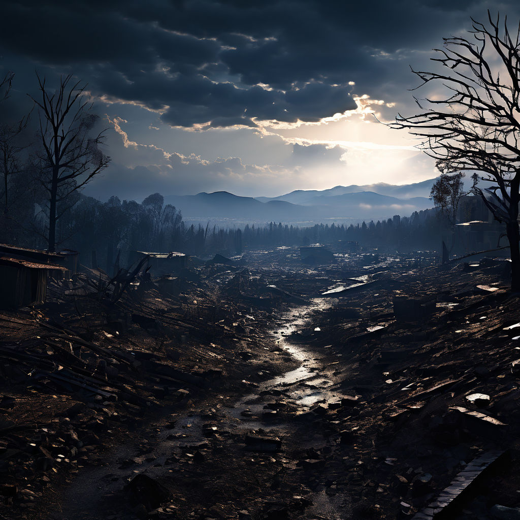 Generate a high-resolution image depicting a devastated land... by ...