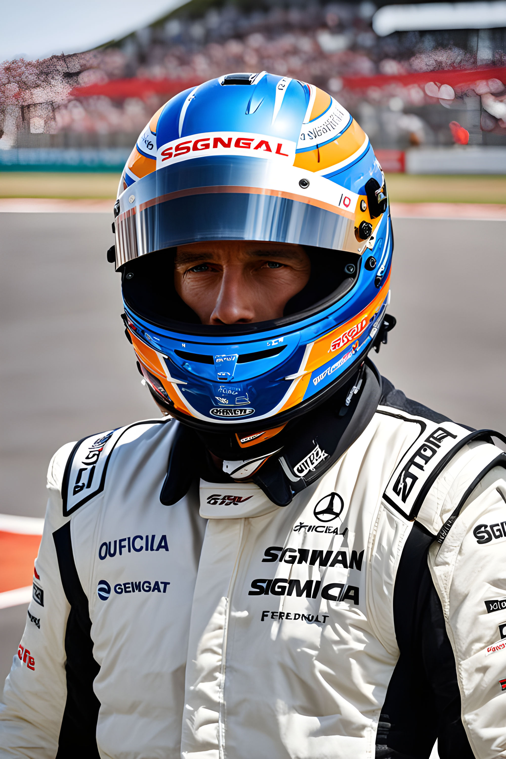 Create a close up image of a F1 driver is walking at the tra... by ...