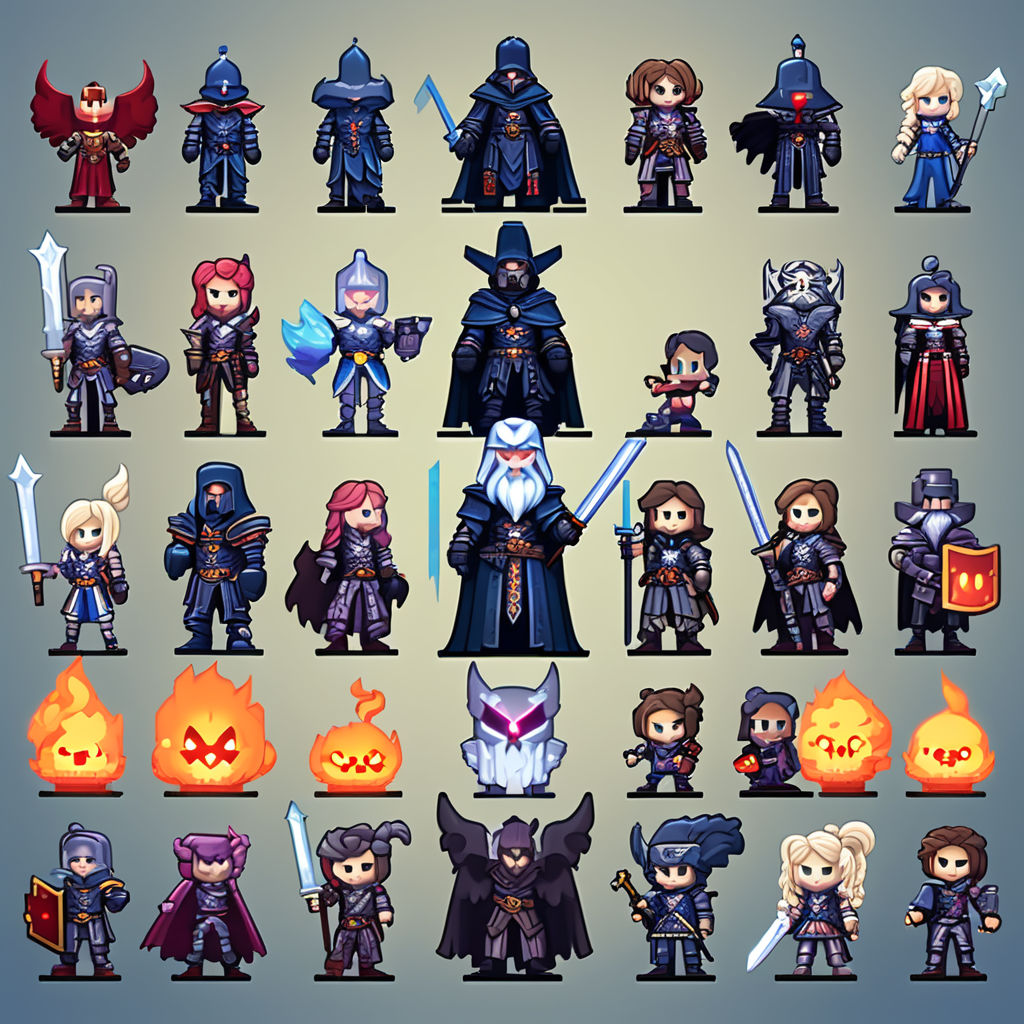 Pixel-art collection featuring fantasy game characters with ... by ...