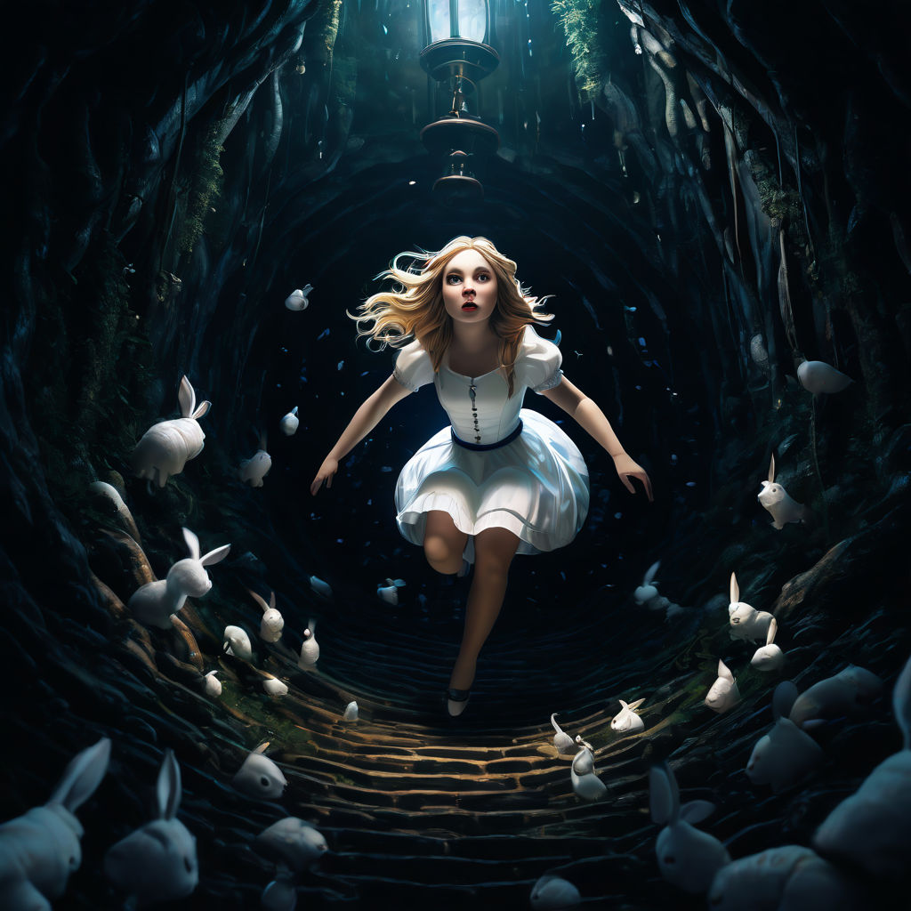 Craft an illustration showing Alice falling down the deep we... by ...