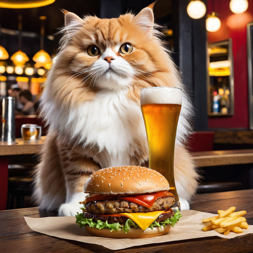 Fluffy cat with a burger and beer in a bar by Анаcтасия Штром - Playground