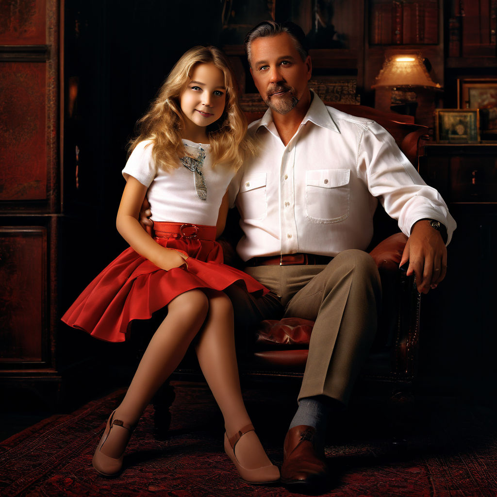 A daughter in a short skirt sits on her father's lap with he... by ...