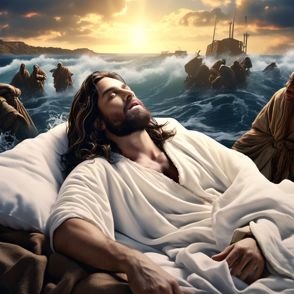 Jesus sleeping and his disciples waking him up and the sea a... by ...