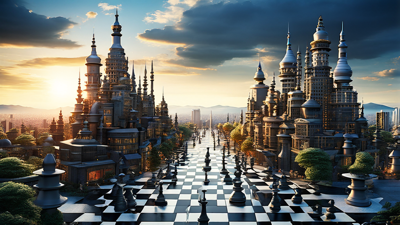 A city where buildings mimic chess pieces by Nefadar - Playground