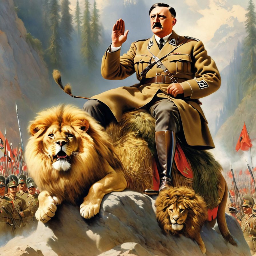 Hitler riding a lion while saluting by Donna Ivins - Playground