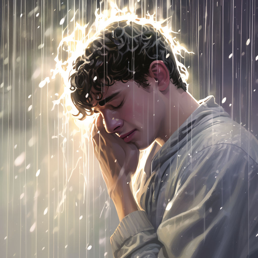 A teen guy crying rain being hugged by an ethereal light man... by ...