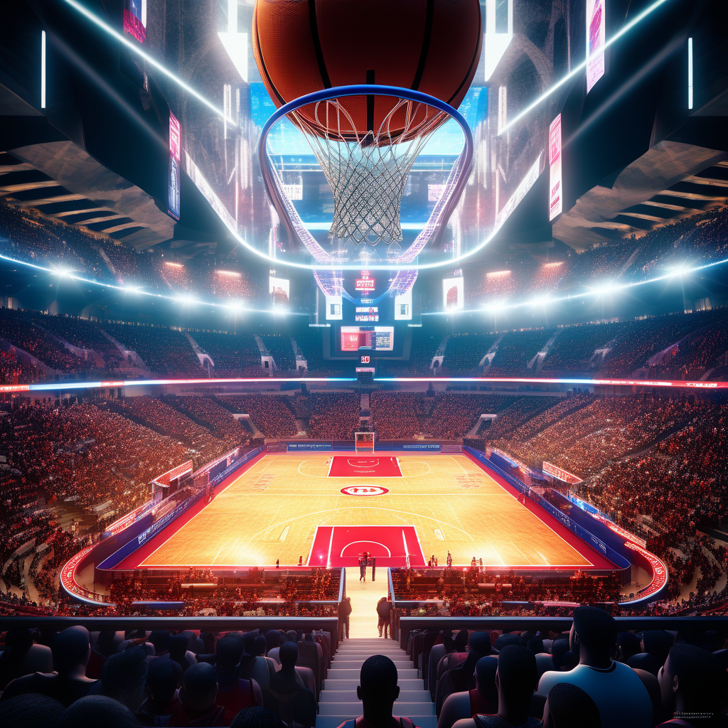 Perspective view of a basketball arena. dark with people che... by Juan ...