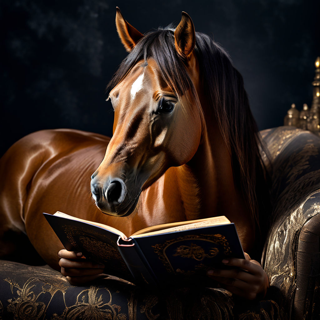 A high definition a brown horse reading book while sitting o... by ...