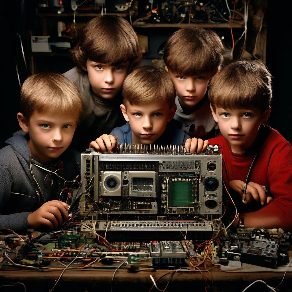 Four kids (gils and boys) doing demontage form old computer by Viktor ...
