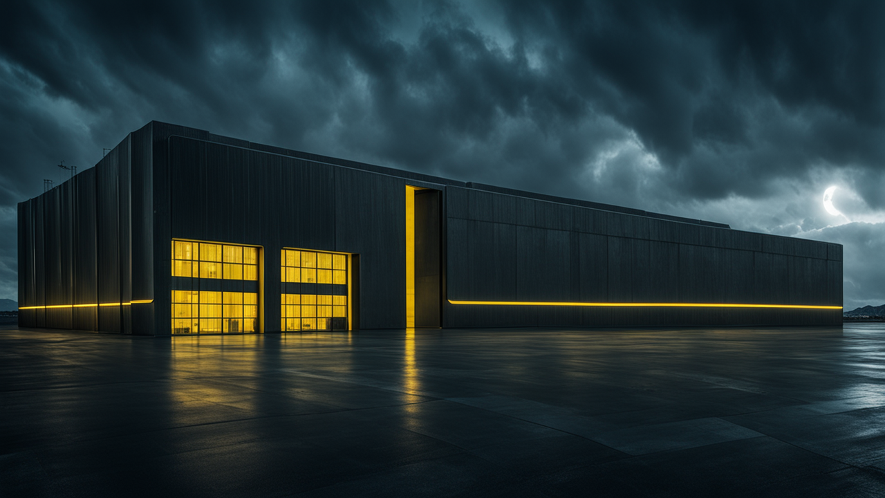 Dark and moody scene. Exterior of a Futuristic sci-fi wareho... by ...
