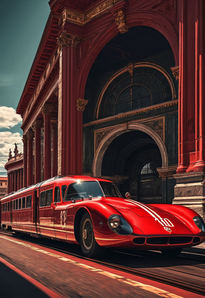 Red racing car speeding alongside the iconic red scenic trai... by ...
