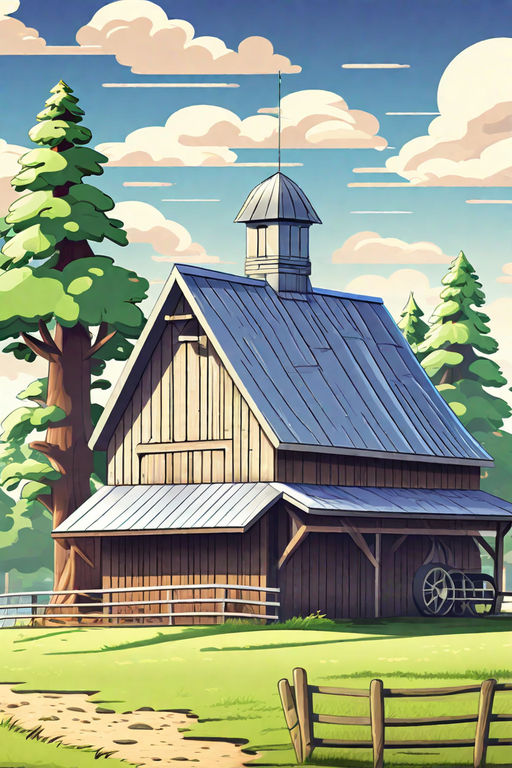 Generate me the image 2d cartoon barn and the tree is near b... by Ko ...
