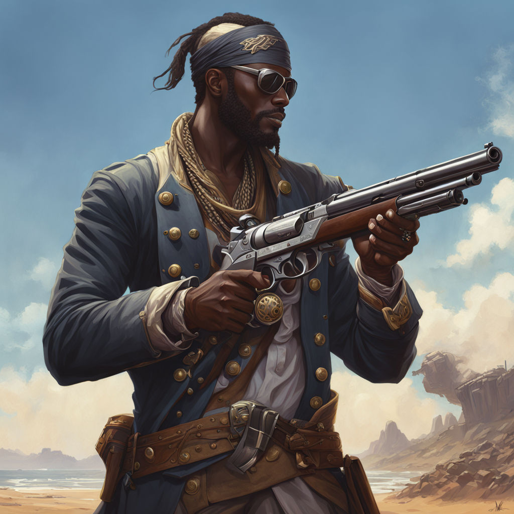 Black skinned pirate wearing bandana firing a flintlock pist... by ...