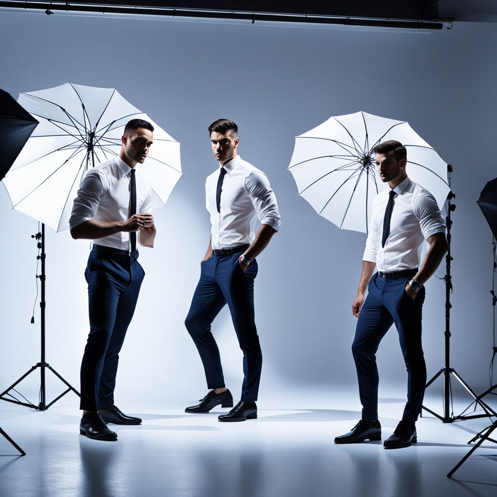 Male models striking dynamic poses in a photography studio by Thoufiq ...