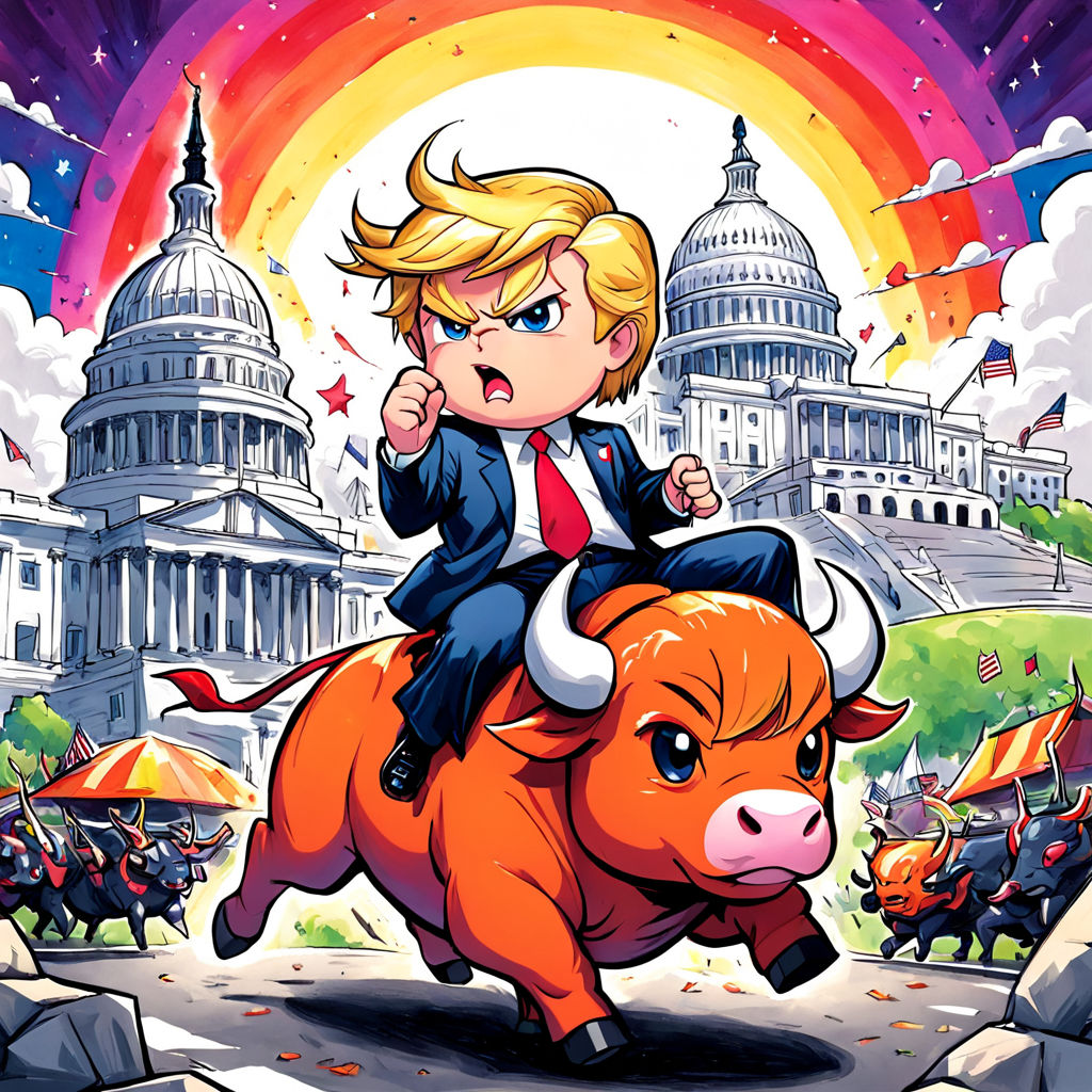 Chibi Donald Trump riding an angry kawaii chibi bull towards... by ...