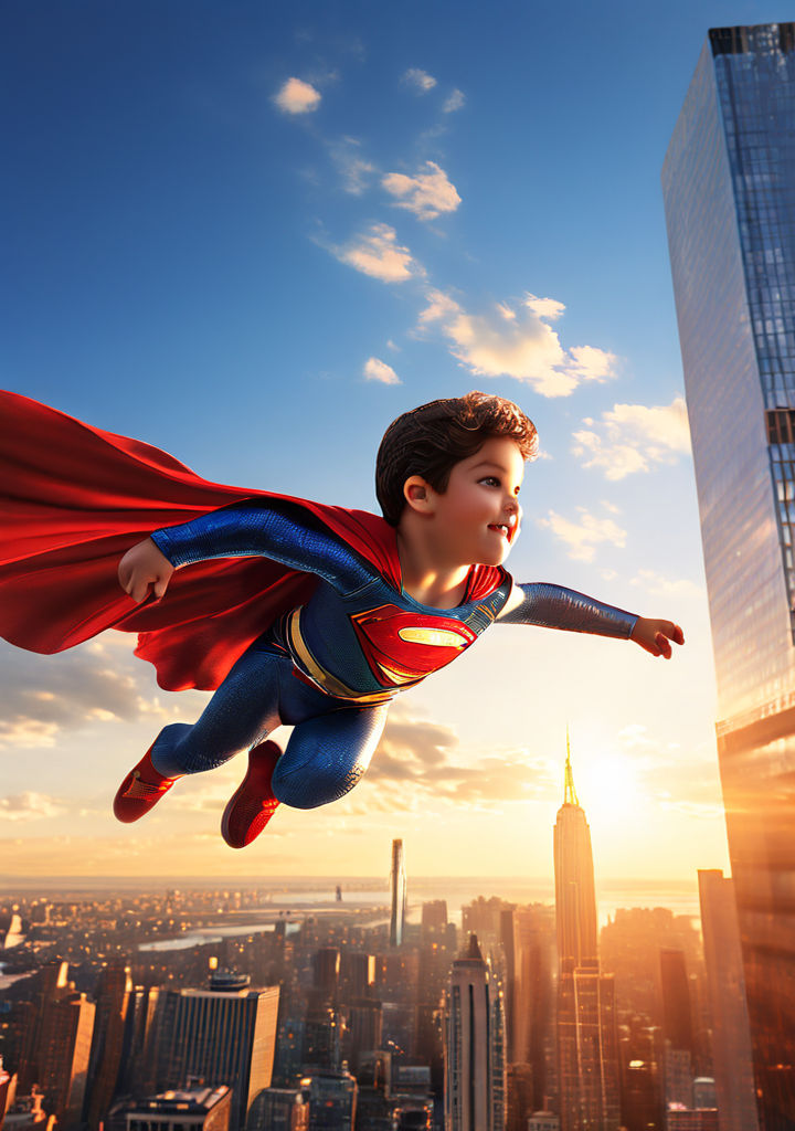 Child dressed as Superman flying amidst New York City skyscr... by Stephen June Fajardo - Playground