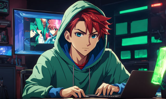 Generate an image of an anime male character sitting behind ... by ...