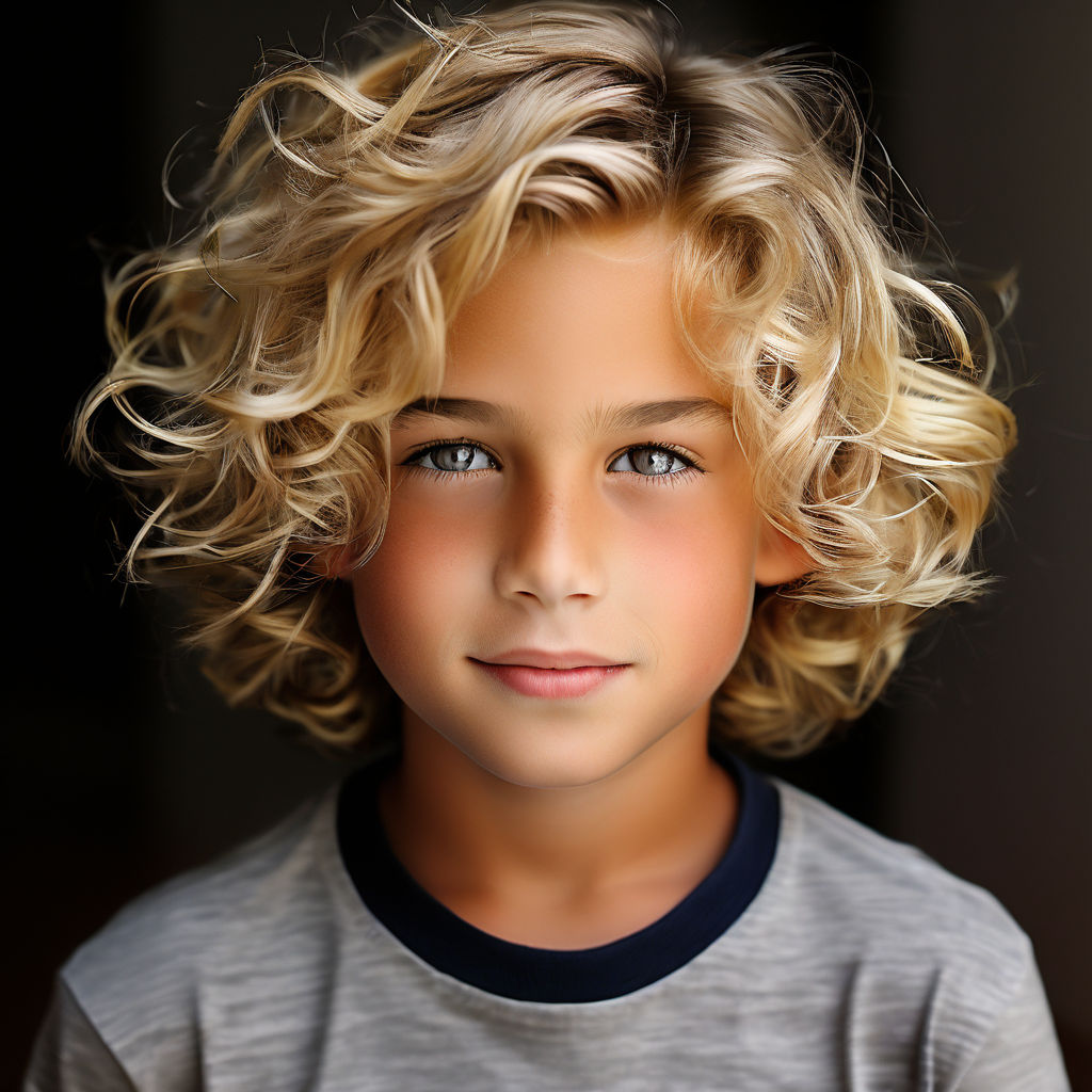Preteen boy blonde wavy hair over shoulders by Chuck Durang - Playground