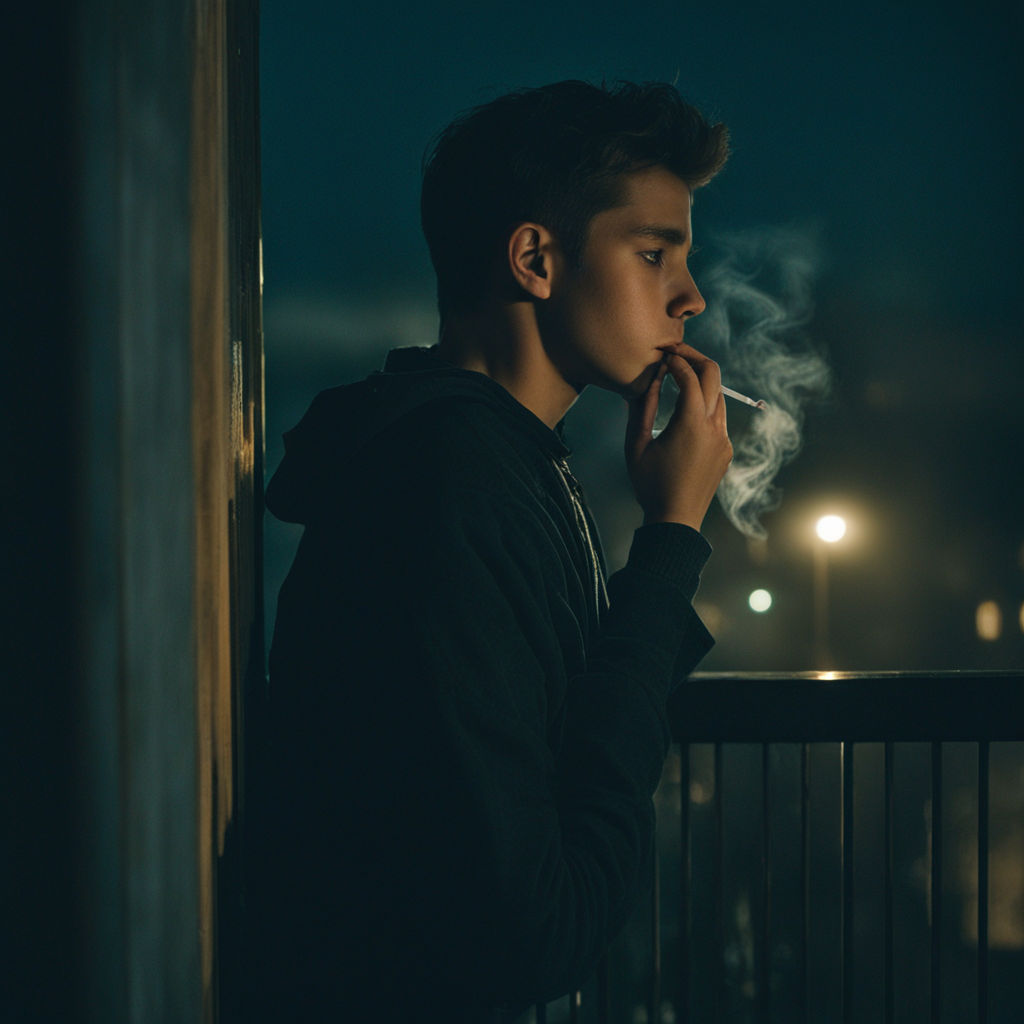 Sad depressed Boy smoking cigarette in his balcony by hossein marjani ...