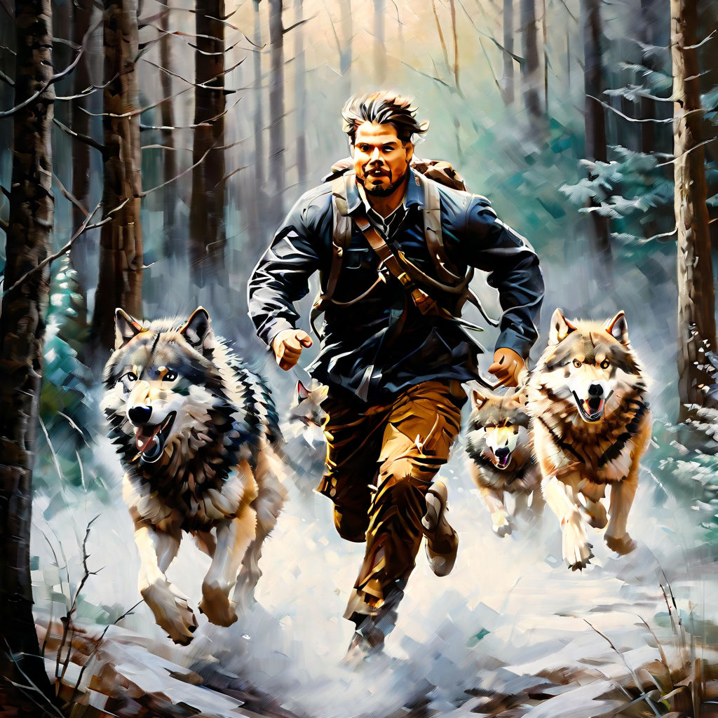 A man running with wolves in the Woods. Oil painting. Work o... by ...