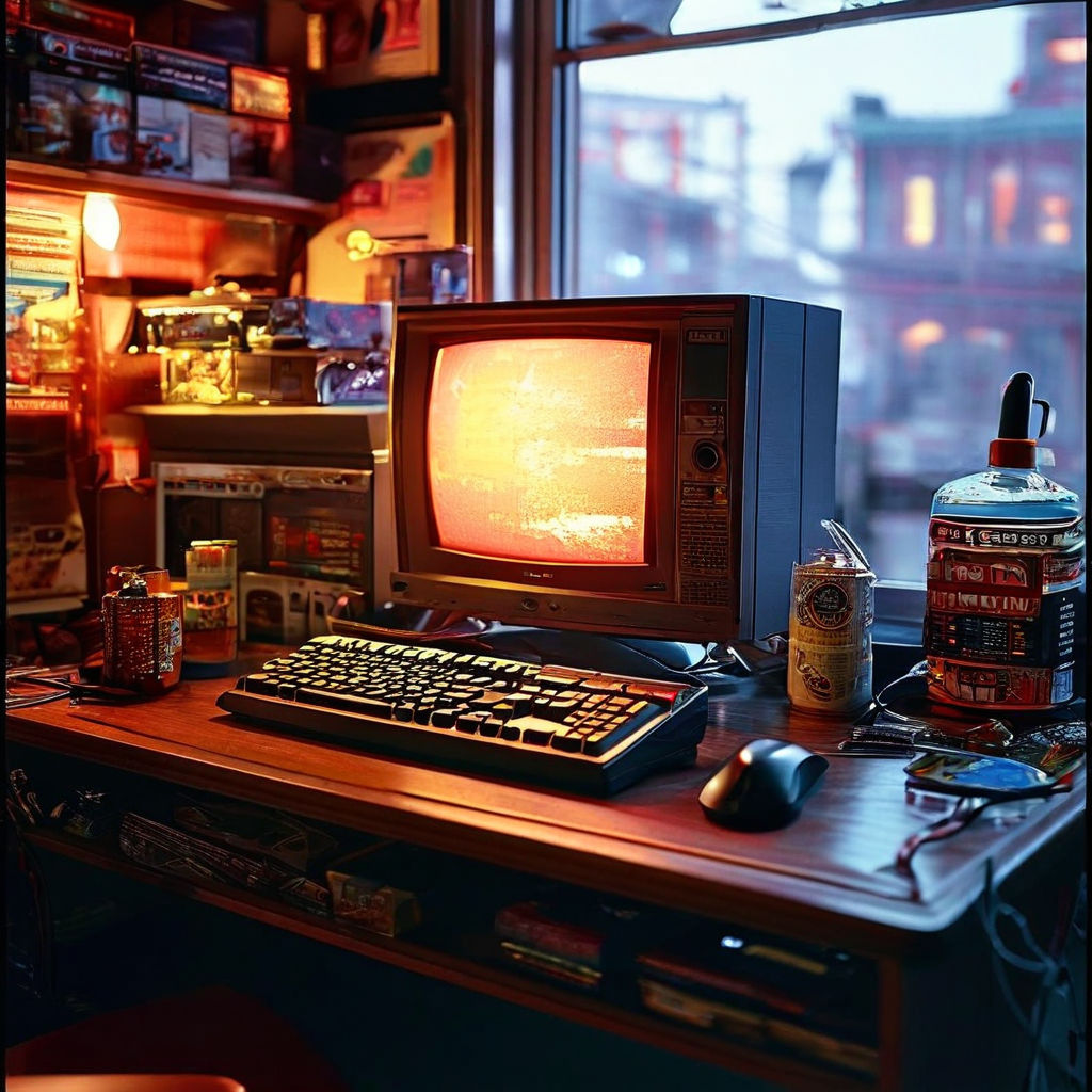 An early 2000's desktop PC and crt monitor on a desk with po... by Mike ...
