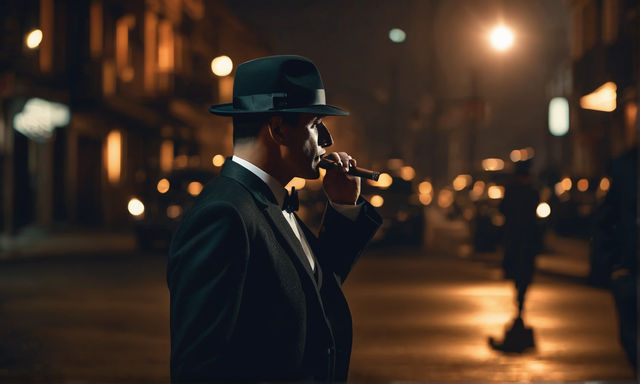 Mafia gangster smoking a cigar on the street under night lig... by ...