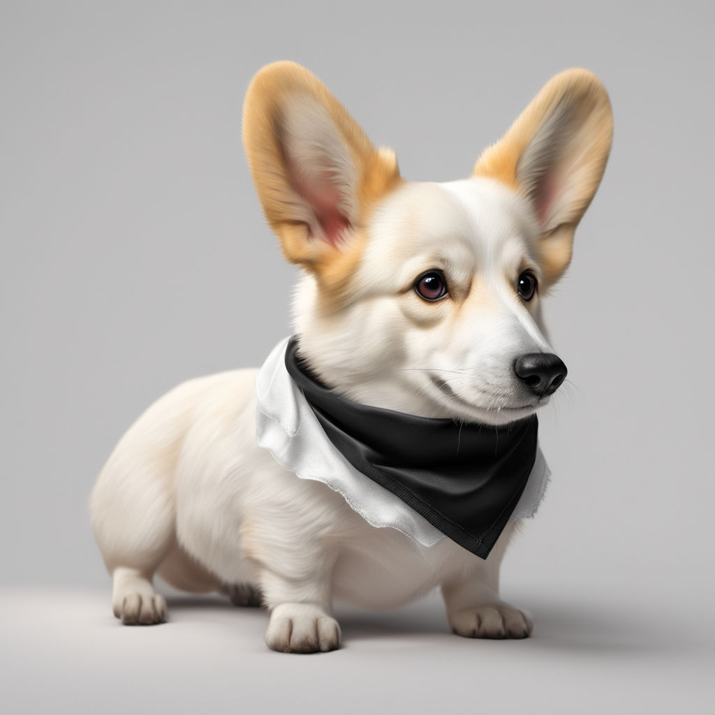 Realistic photo of a small albino corgi with a black handker... by no ...