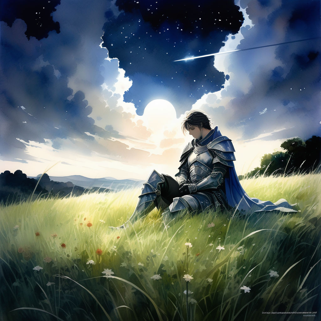 A knight laying on a field of grass looking up at the night ... by ...