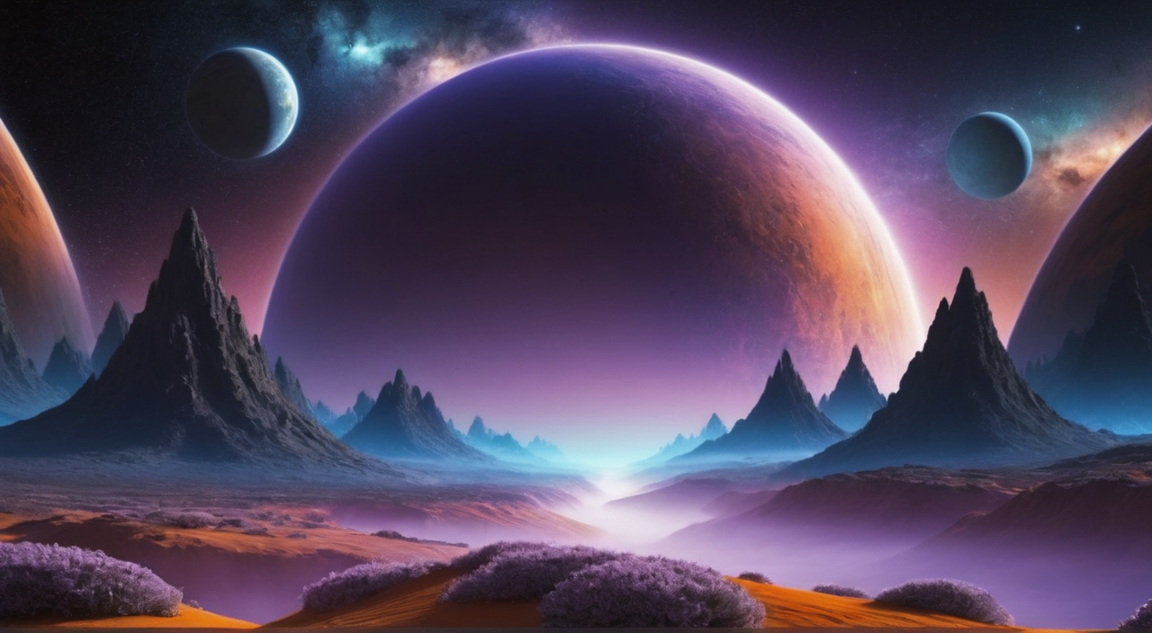 A beautiful alien style multiverse on orange cosmic dust bac... by ...