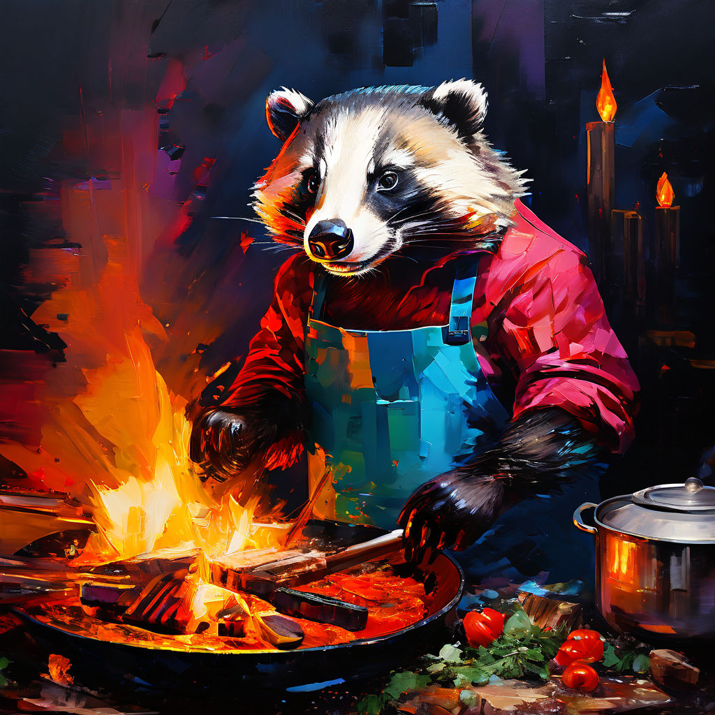 Colourful Pallete knife style painting of a badger cooking a... by ...