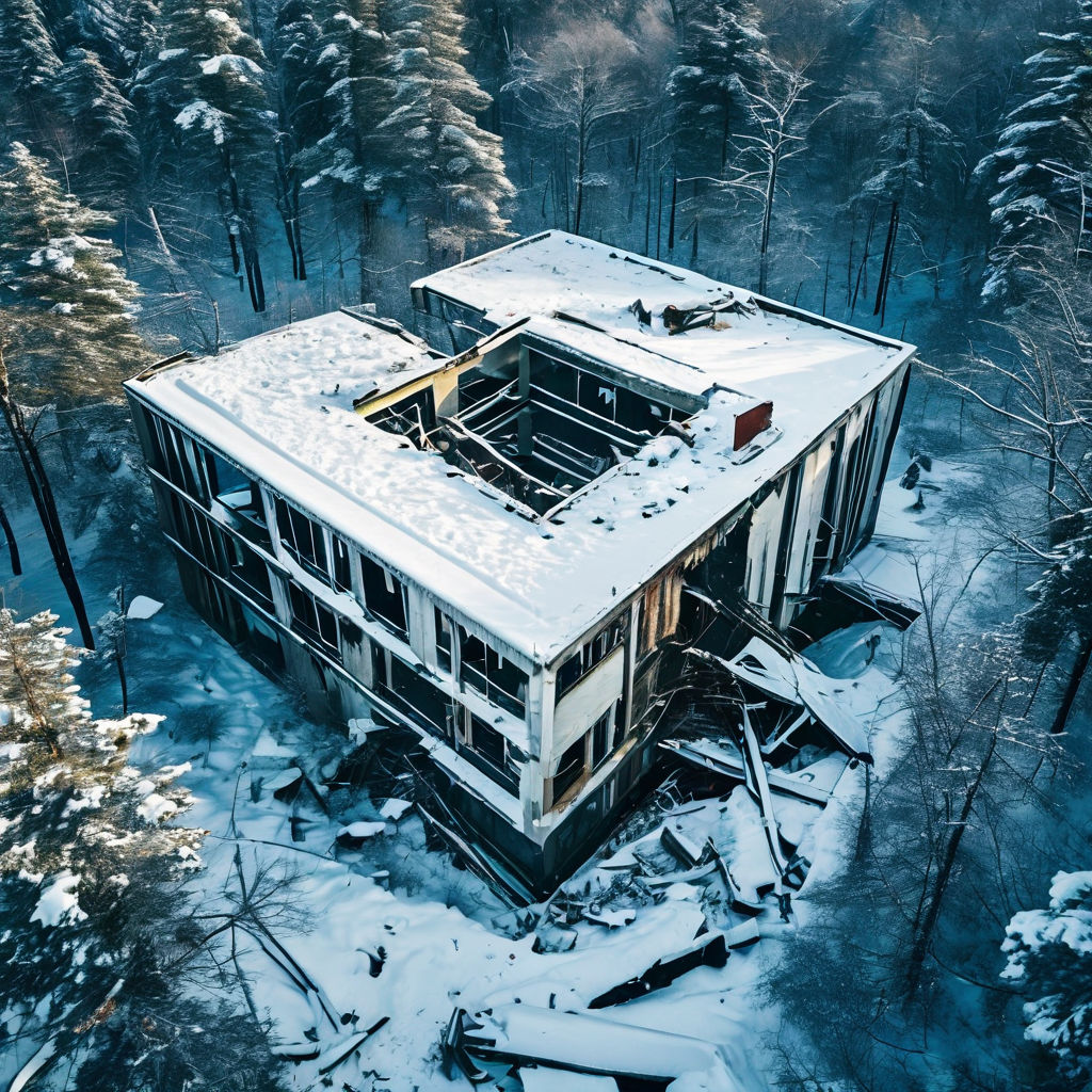 Top down view of a collapsed modern building in the middle o... by ...