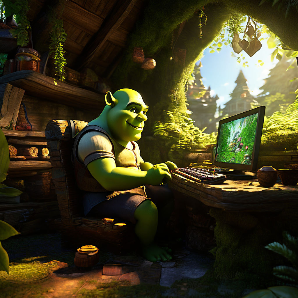 Shrek engaged in a gaming session on a moss-covered computer... by Alex ...
