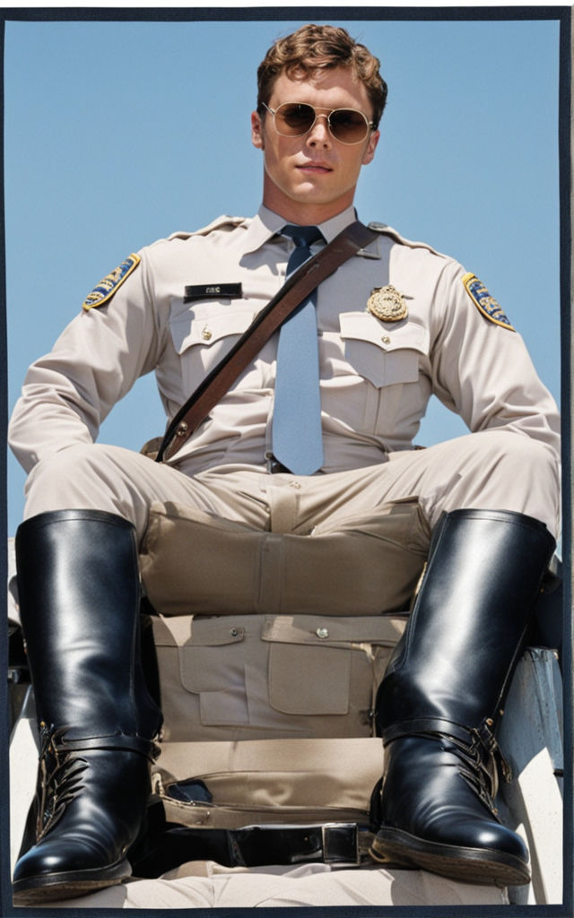 CHP Police officer Evan Peters in leather boots and aviator ... by ...