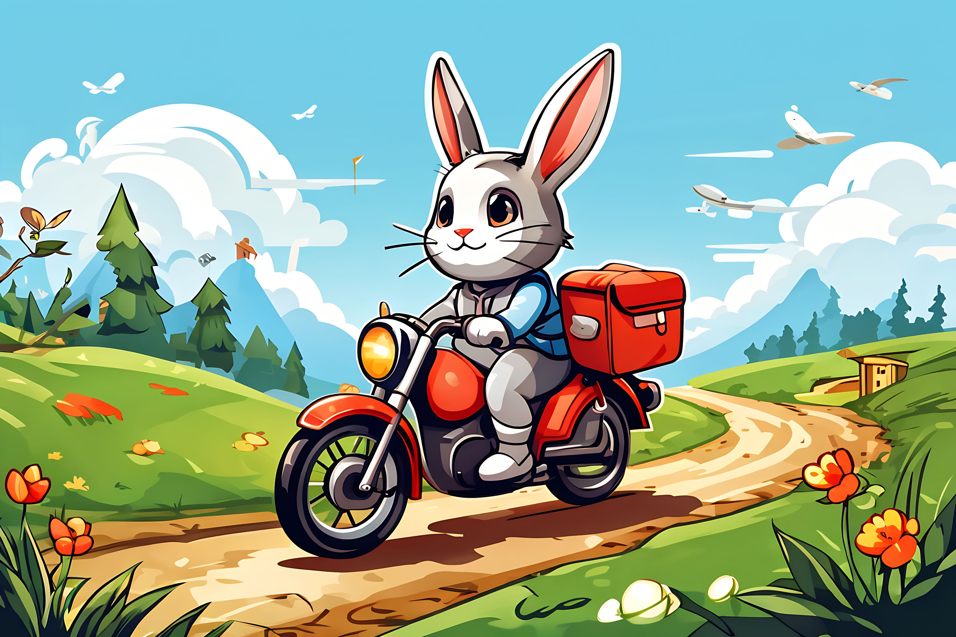 A postman rabbit delivering on a motorcycle in the countrysi... by 이미성 ...