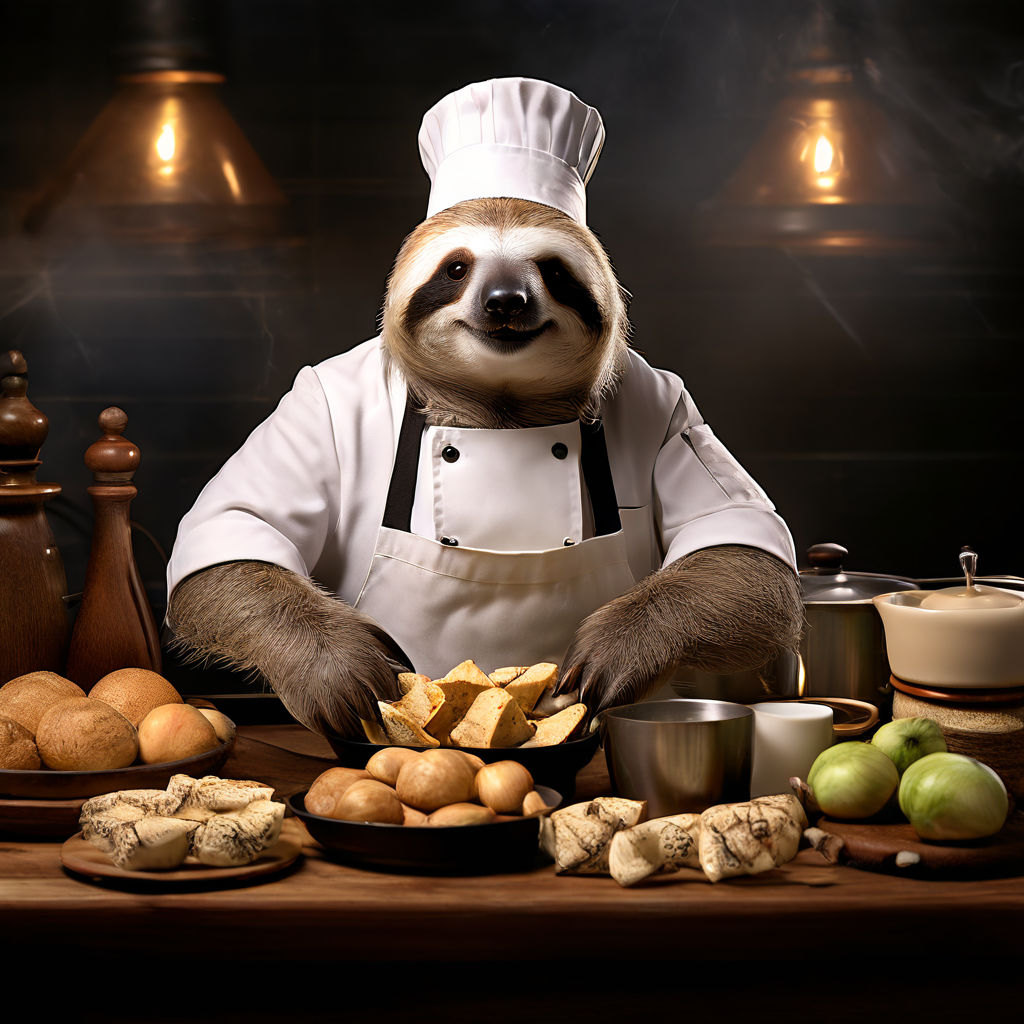 A sloth wearing a chef's hat and cooking up a gourmet meal by sheff ...