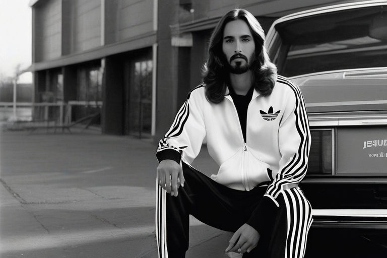 Jesus is wearing Adidas style black and white track suit and... by ...