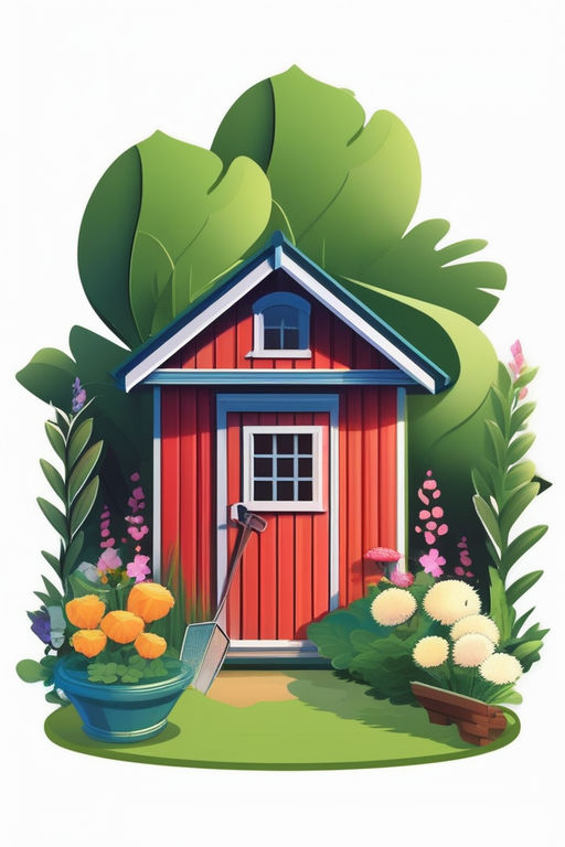 Cartoon British garden shed in beautiful garden by Mark Terrey - Playground
