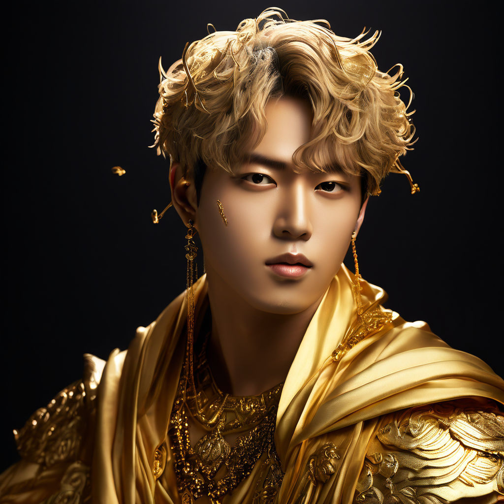 A gold colored power Greek god with the face of BTS singer J... by ...