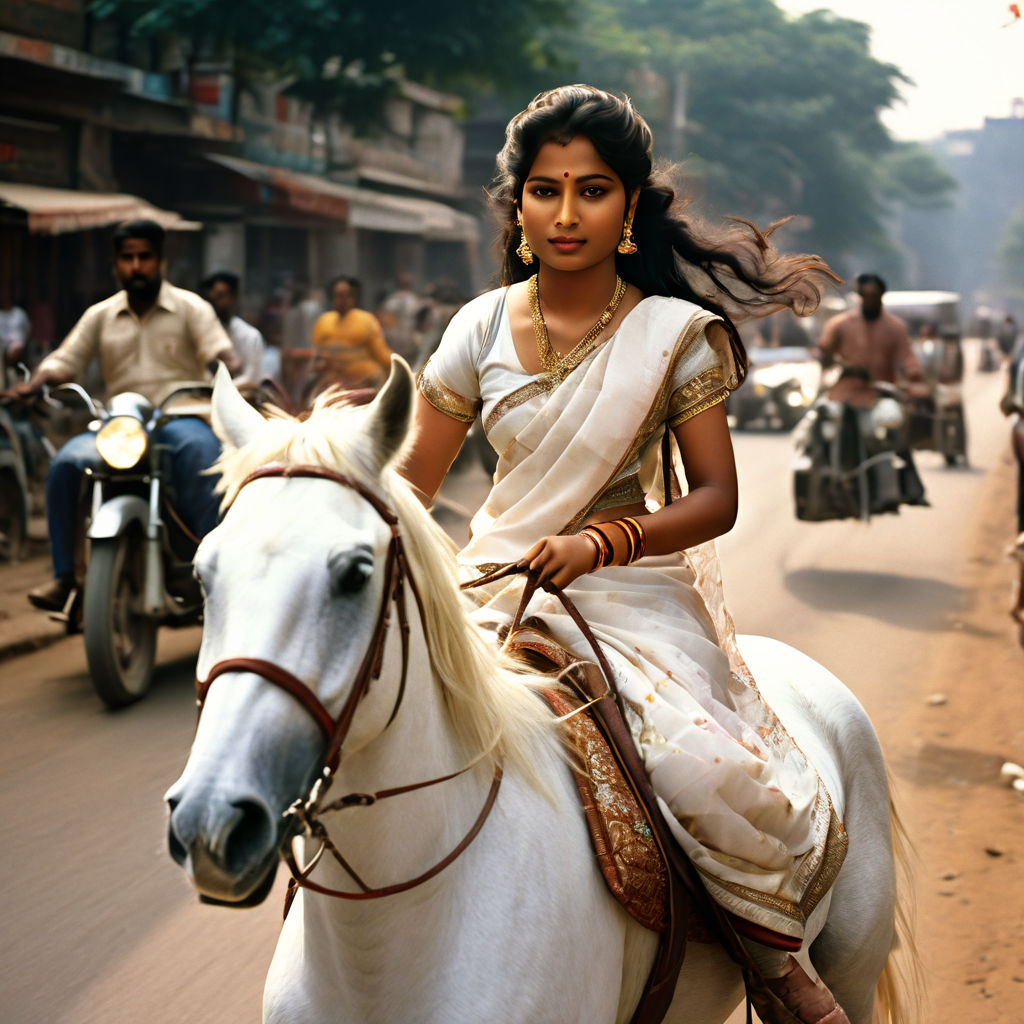 Indian girl in saree riding on a white horse on busy roads.1... by ALAK ...