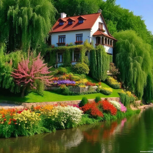 Very beautiful house with flowers and trees on the river ban... by M C ...