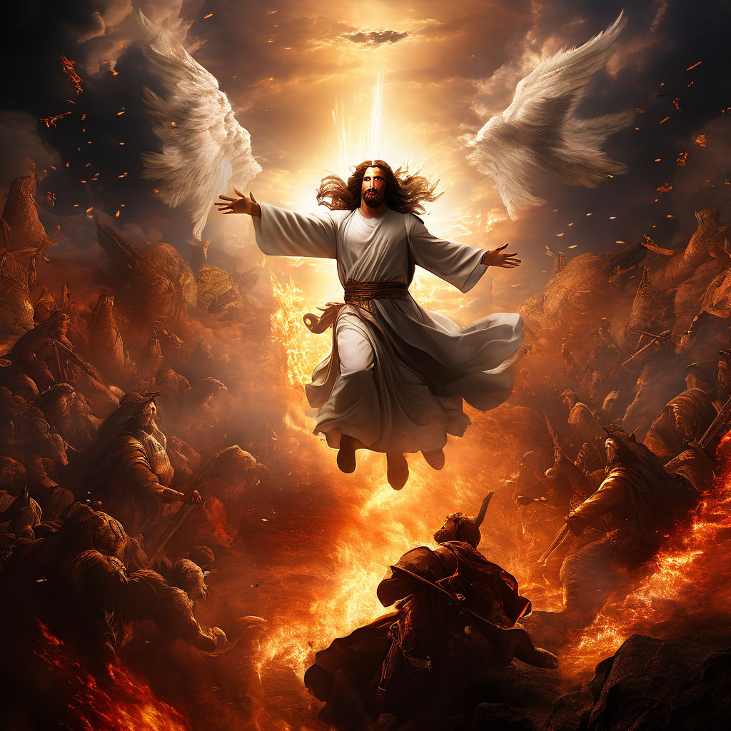 Create image of Jesus defeating the devil in a battle in hea... by Ro ...
